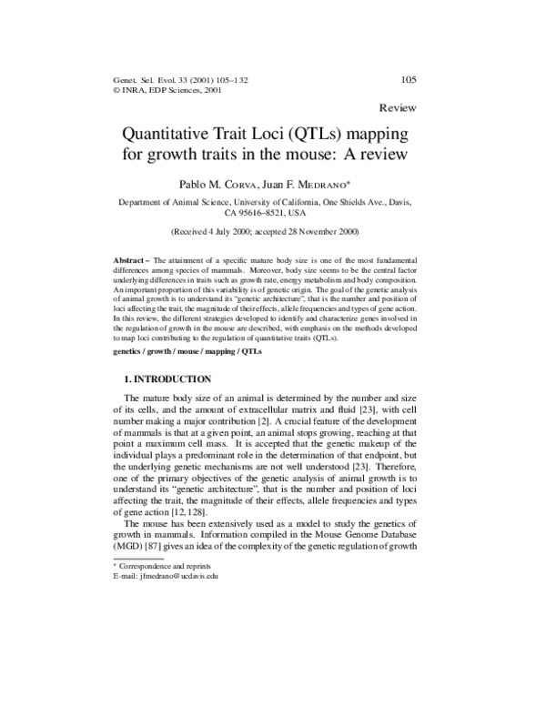 Pdf Qtl Mapping For Growth Traits In Mice