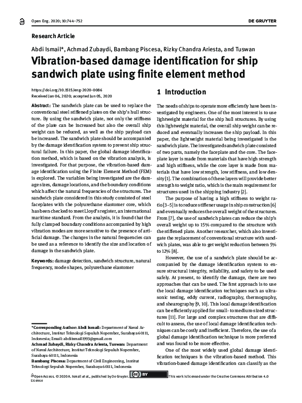 (PDF) Vibration-based damage identification for ship sandwich plate using finite element method