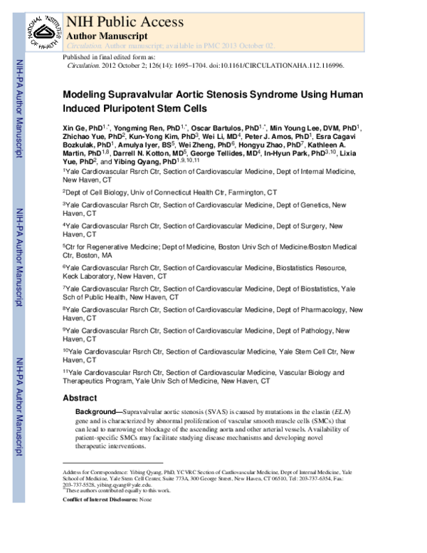 (PDF) Modeling Supravalvular Aortic Stenosis Syndrome With Human Induced Pluripotent Stem Cells