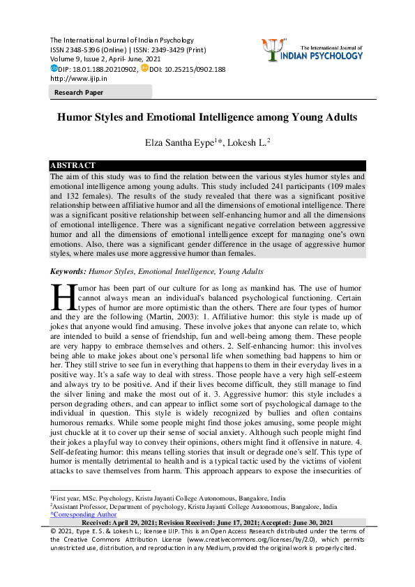 (PDF) Humor Styles and Emotional Intelligence among Young Adults