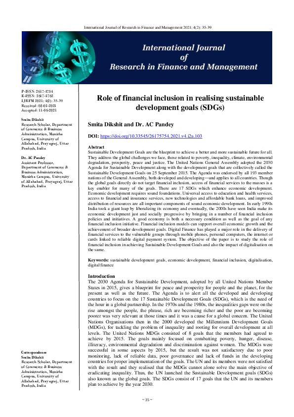 Pdf Role Of Financial Inclusion In Realising Sustainable Development