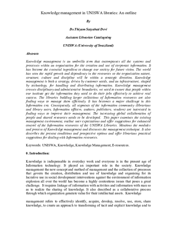 (PDF) Knowledge management in UNISWA libraries: An outline