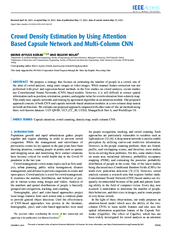 Pdf Crowd Density Estimation By Using Attention Based Capsule Network And Multi Column Cnn
