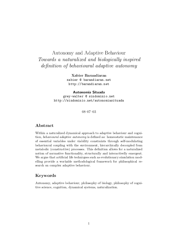 (PDF) Autonomy and Adaptive Behaviour Towards a naturalized and biologically inspired definition ...