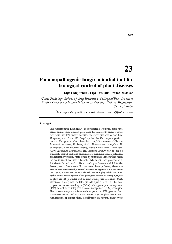 (PDF) Entomopathogenic fungi: potential tool for biological control of plant diseases