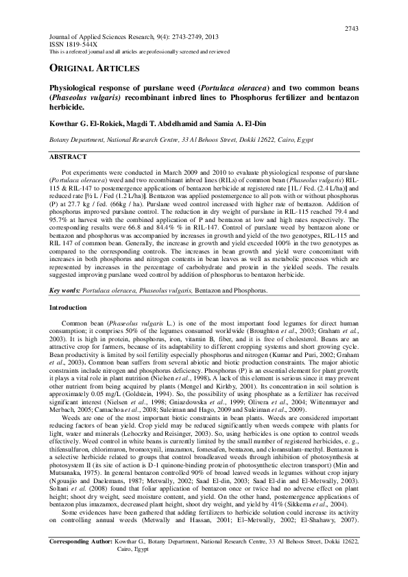 (PDF) Physiological response of purslane weed (Portulaca oleracea) and ...