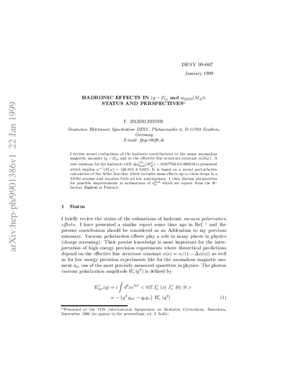 (PDF) Hadronic effects in (g-2)_mu and alpha_QED (M_Z): Status and ...