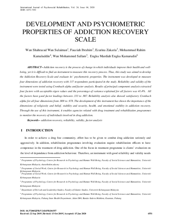 (PDF) DEVELOPMENT AND PSYCHOMETRIC PROPERTIES OF ADDICTION RECOVERY SCALE