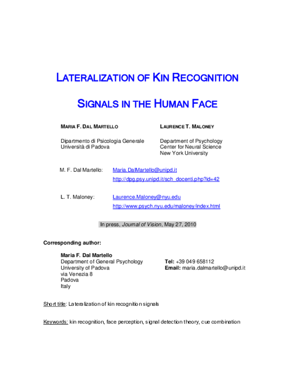(PDF) Lateralization of kin recognition signals in the human face ...