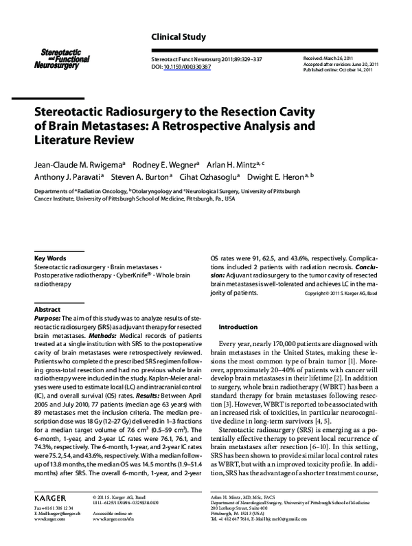 (PDF) Stereotactic Radiosurgery to the Resection Cavity of Brain Metastases: A Retrospective ...