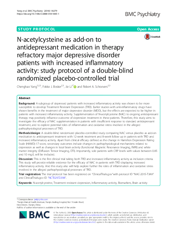 (PDF) N-acetylcysteine as add-on to antidepressant medication in ...