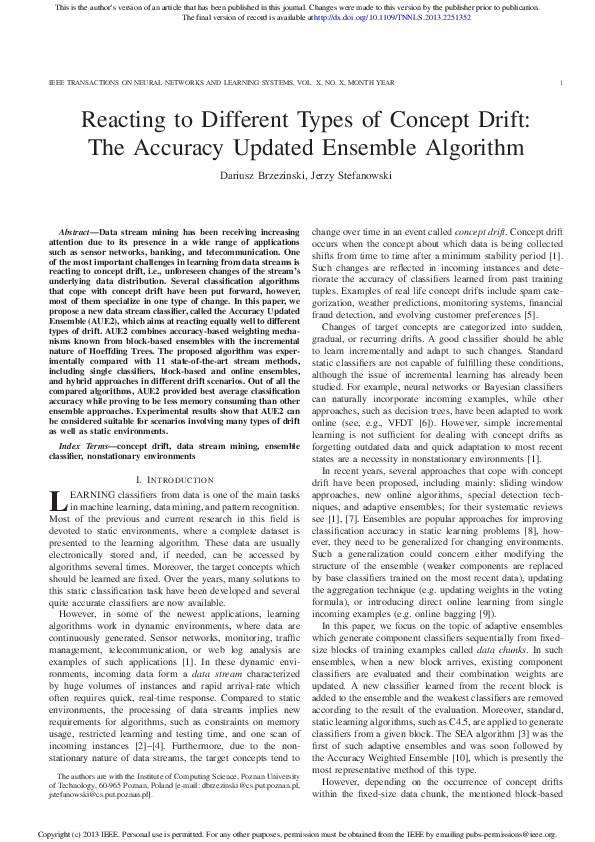 Pdf Reacting To Different Types Of Concept Drift The Accuracy Updated Ensemble Algorithm