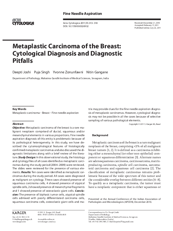 (PDF) Metaplastic Carcinoma of the Breast: Cytological Diagnosis and ...
