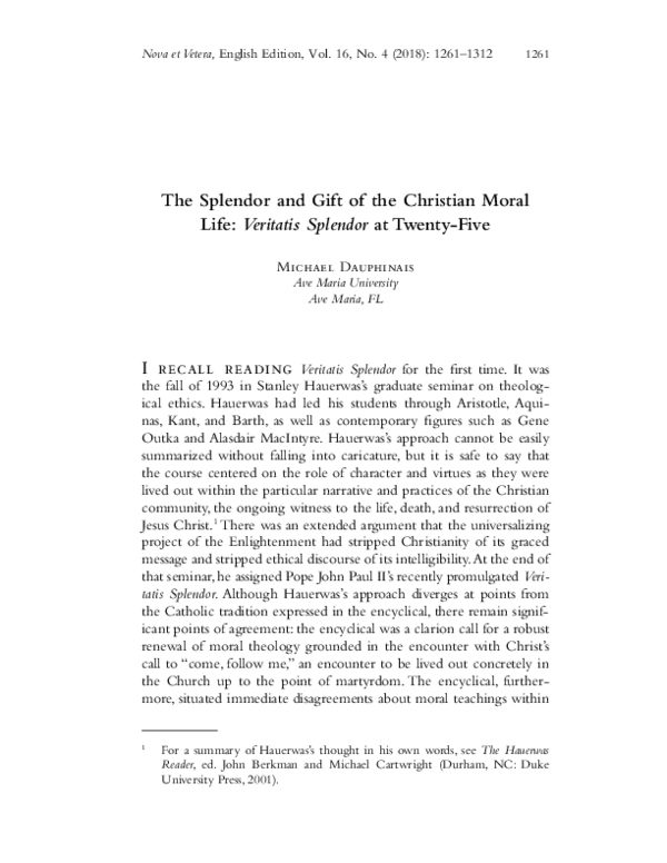 (PDF) The Splendor and Gift of the Christian Moral Life: Veritatis ...