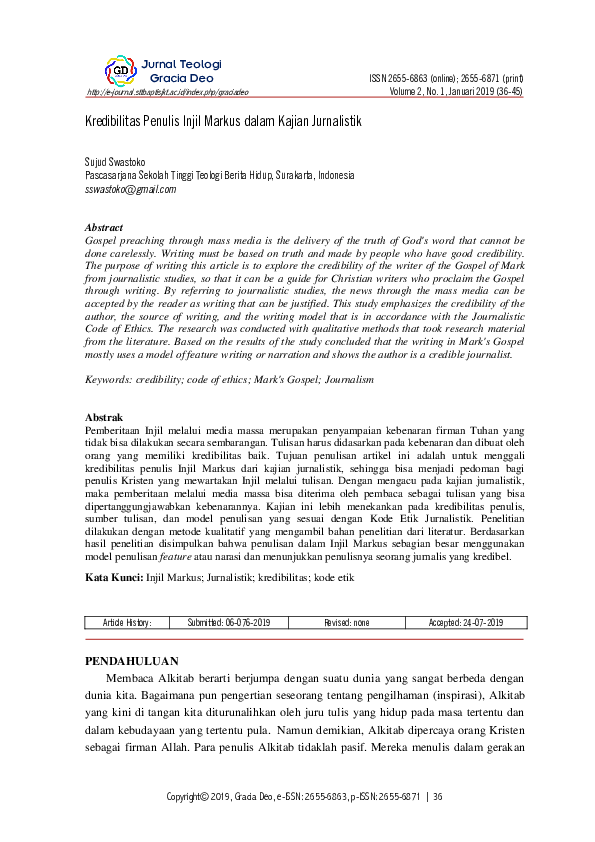 (PDF) Kredibilitas Penulis Injil Markus dalam Kajian Jurnalistik