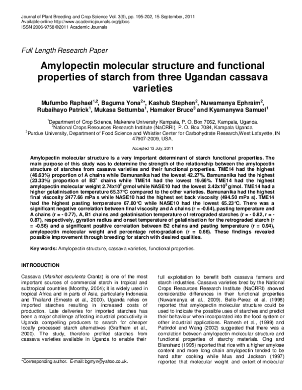(PDF) Amylopectin molecular structure and functional properties of starch from three Ugandan ...