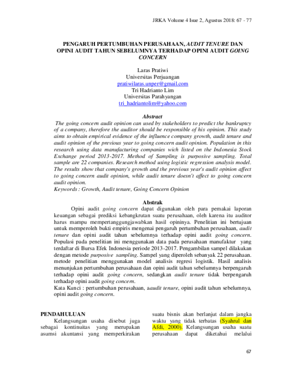 (PDF) Pengaruh Pertumbuhan Perusahaan, Audit Tenure Dan Opini Audit Tahun Sebelumnya Terhadap ...