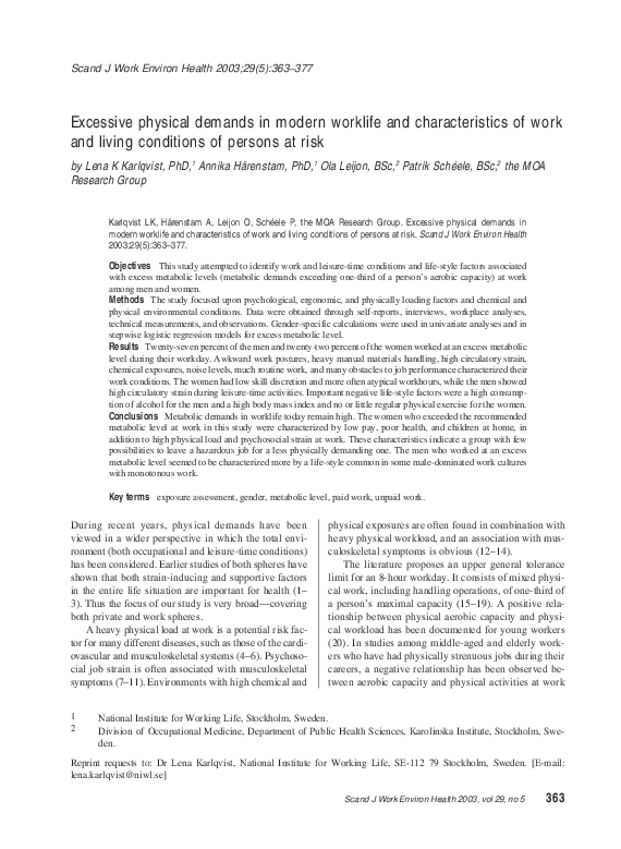 (PDF) Excessive physical demands in modern worklife and characteristics ...