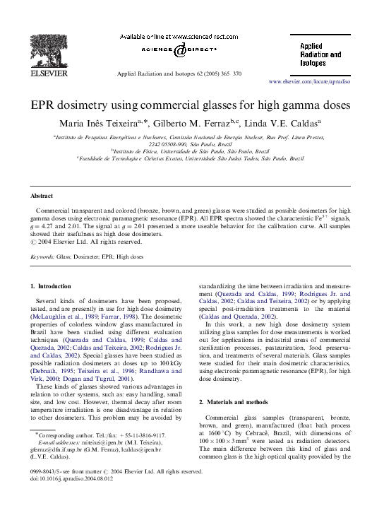 (PDF) EPR Dosimetry Using Commercial Glasses for High Gamma Doses