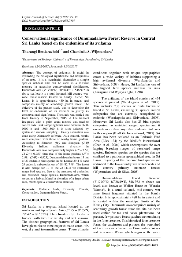 (PDF) Conservational significance of Dunumadalawa Forest Reserve in ...