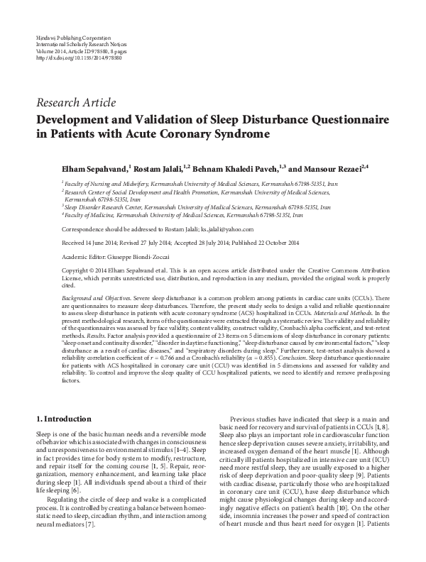 (PDF) Development and Validation of Sleep Disturbance Questionnaire in ...
