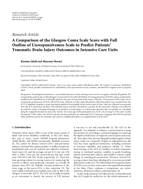 (PDF) A comparison of the glasgow coma scale score with full outline of unresponsiveness scale ...