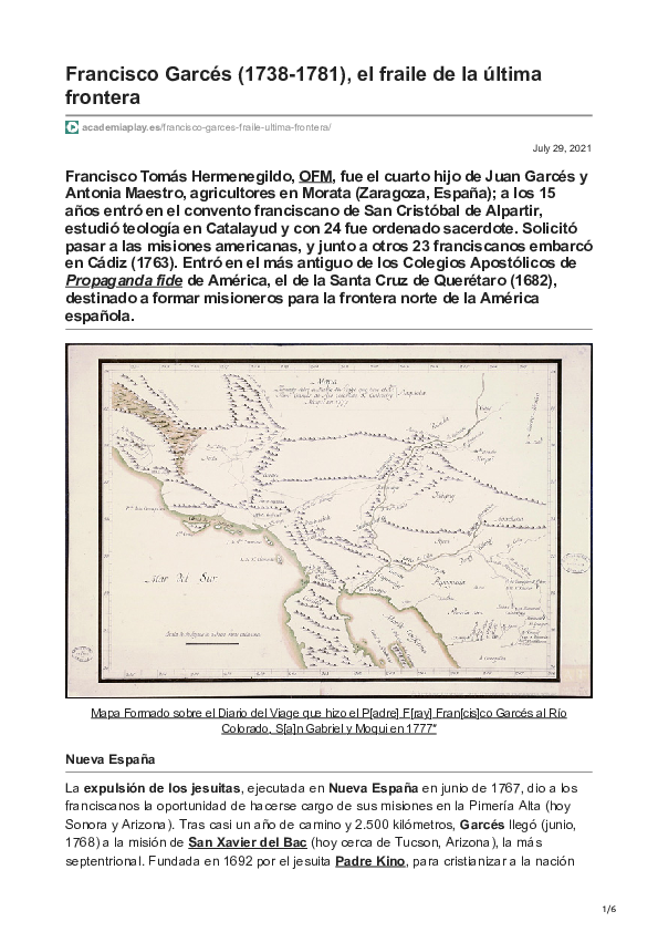 (PDF) Francisco Garcés (1738 -1781). El fraile de la última frontera