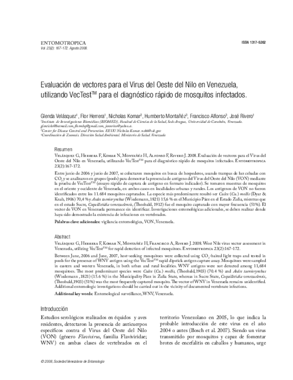 (PDF) Evaluación de vectores para el virus West Nile en Venezuela ...