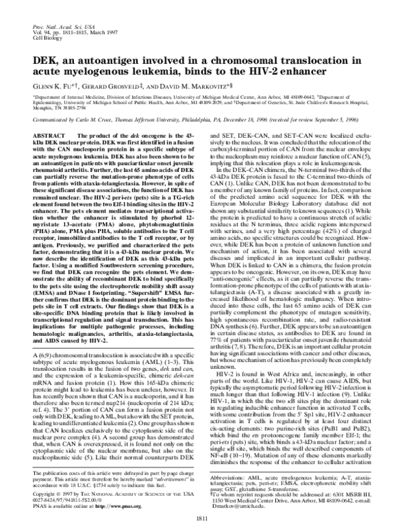 (PDF) DEK Protein: Role in AML and HIV-2 Binding