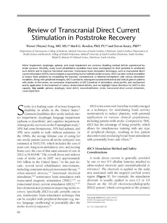 (PDF) Review of transcranial direct current stimulation in poststroke ...