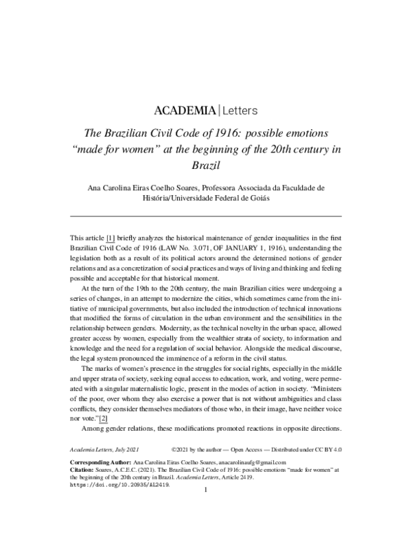 (PDF) The Brazilian Civil Code of 1916: possible emotions "made for ...