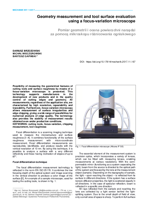 (PDF) Geometry measurement and tool surface evaluation using a focus ...