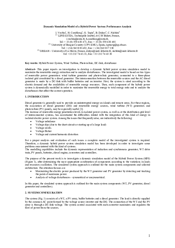(PDF) Dynamic simulation model of a hybrid power system: performance ...
