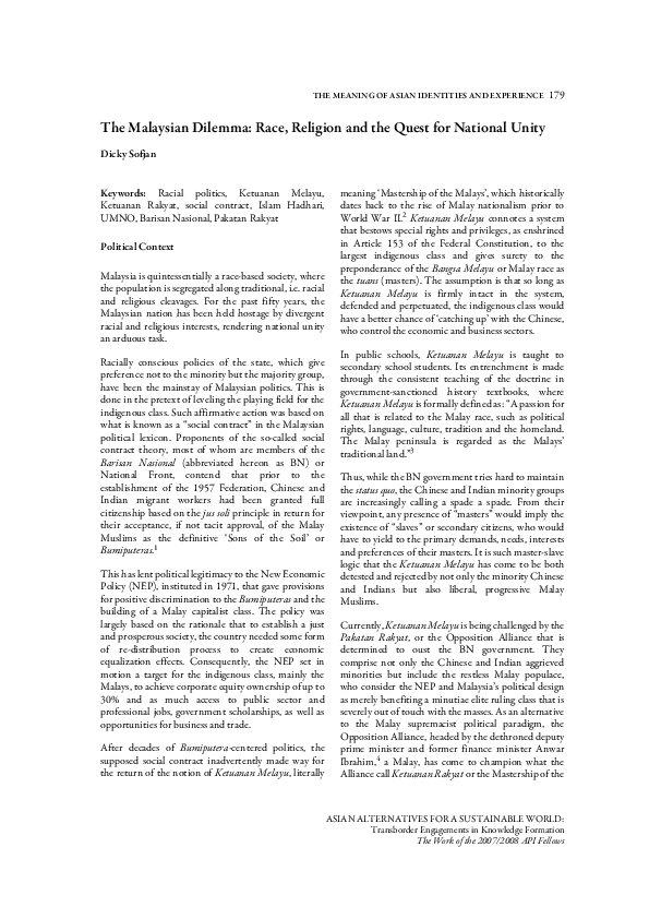 (PDF) Dicky Sofjan 2008 - The Malaysian Dilemma: Race, Religion and the ...