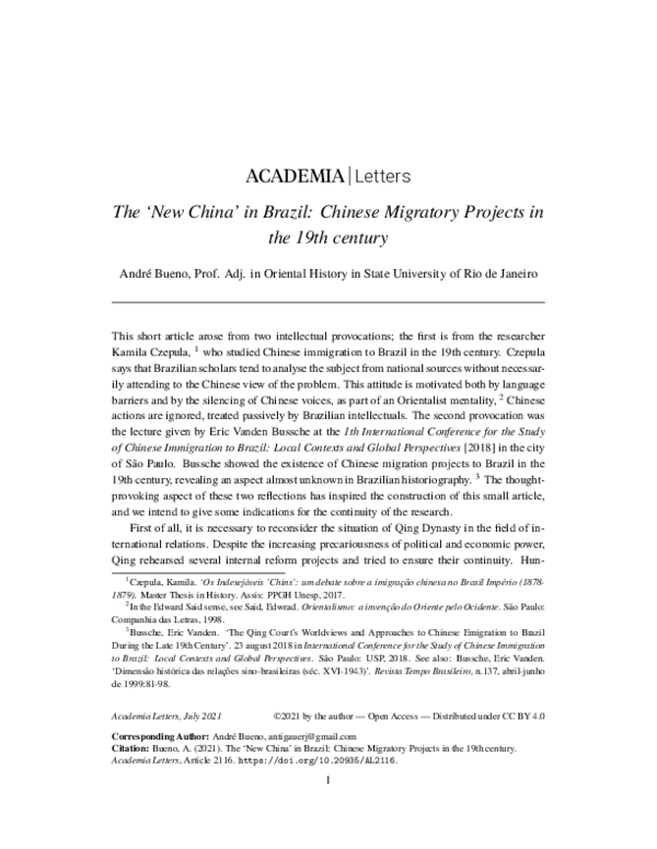 (PDF) The ‘New China’ in Brazil: Chinese Migratory Projects in the 19th ...