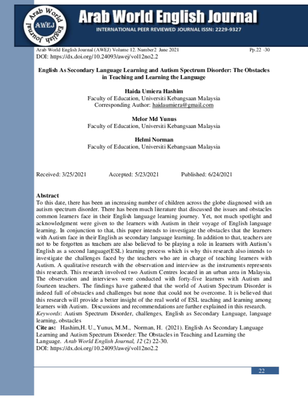 (PDF) English As Secondary Language Learning and Autism Spectrum ...