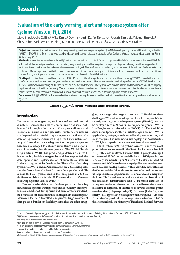 (PDF) Evaluation of the early warning, alert and response system after Cyclone Winston, Fiji, 2016