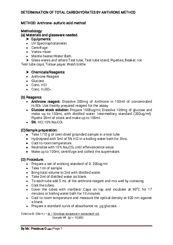 (PDF) Estimation of carbohydrate by the Anthrone method