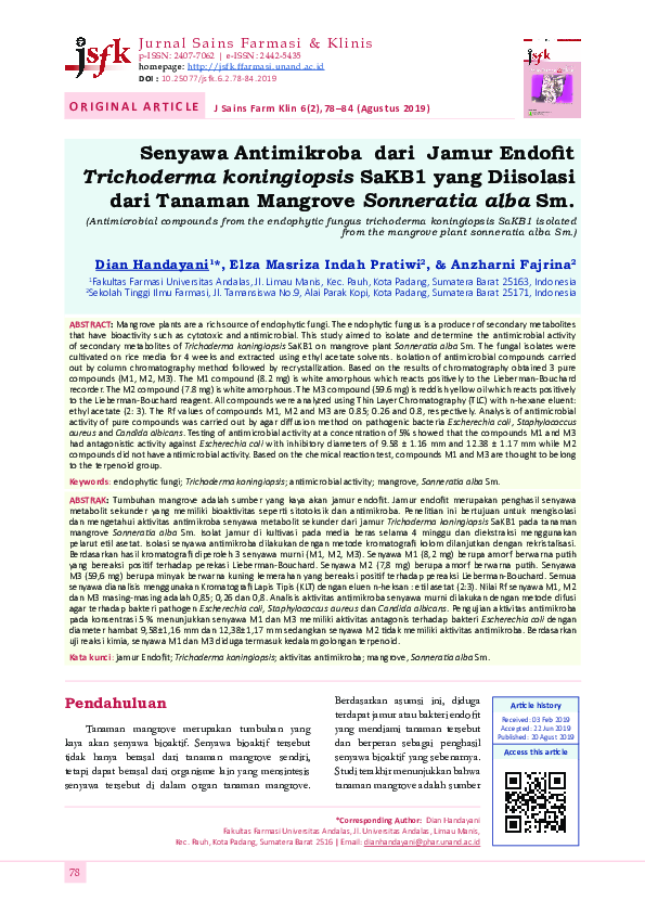 (PDF) Isolasi Senyawa Antimikroba dari Jamur Endofit Trichoderma koningiopsis SaKB1