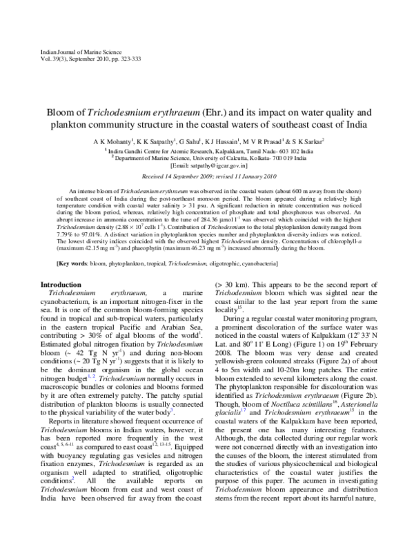 (PDF) Bloom of Trichodesmium erythraeum (Ehr.) and its impact on water ...