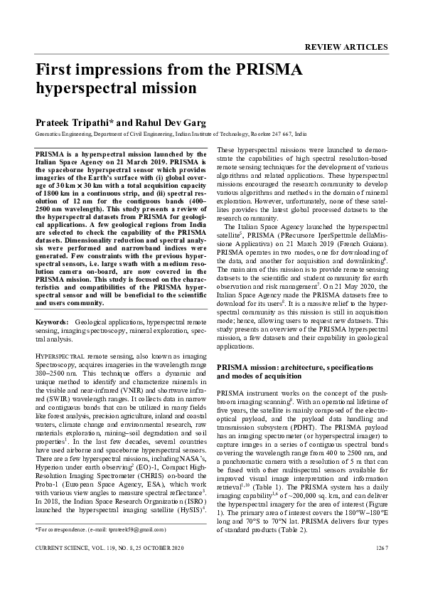 (PDF) First impressions from the PRISMA hyperspectral mission.