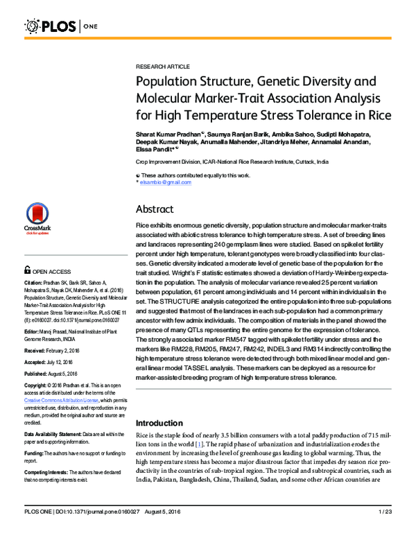 (PDF) Population Structure, Genetic Diversity and Molecular Marker-Trait Association Analysis ...