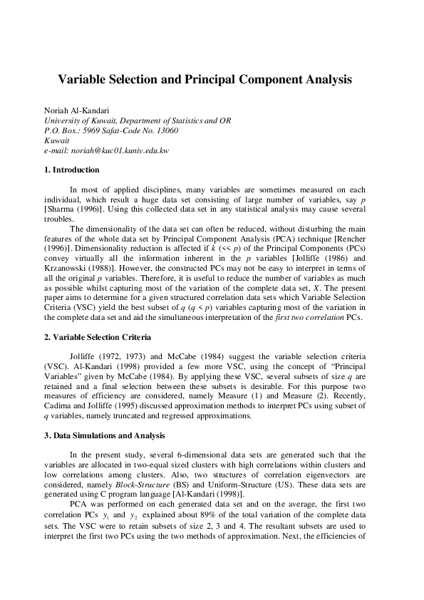 (PDF) Variable Selection and Principal Component Analysis