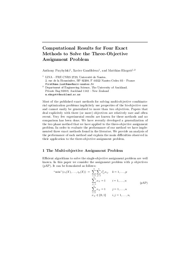 Pdf Computational Results For Four Exact Methods To Solve The Three Objective Assignment Problem