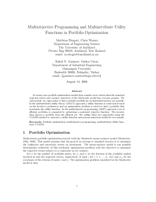 Pdf Multiobjective Programming And Multiattribute Utility Functions In Portfolio Optimization