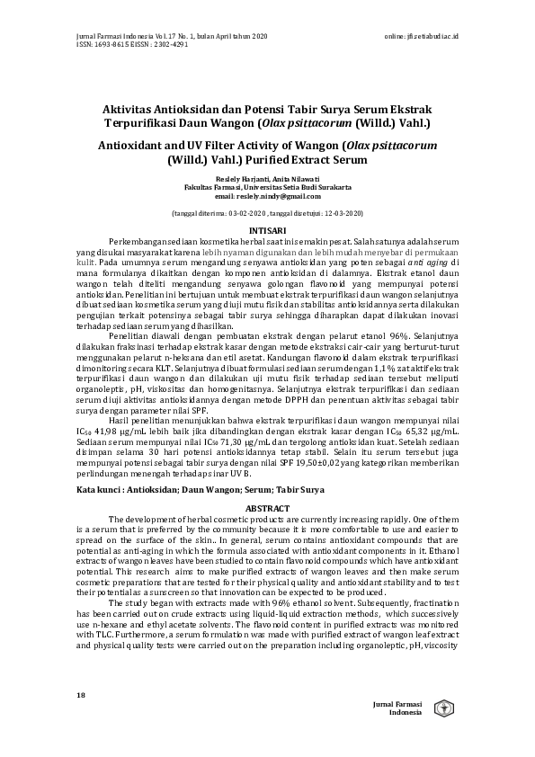 (PDF) Aktivitas Antioksidan dan Potensi Tabir Surya Serum Ekstrak Terpurifikasi Daun Wangon ...