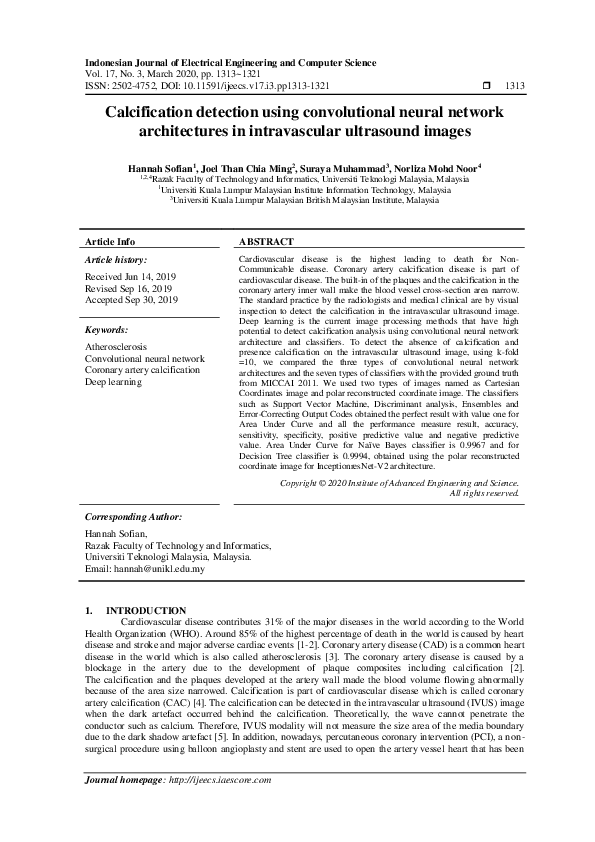 Pdf Calcification Detection Using Convolutional Neural Network Architectures In Intravascular