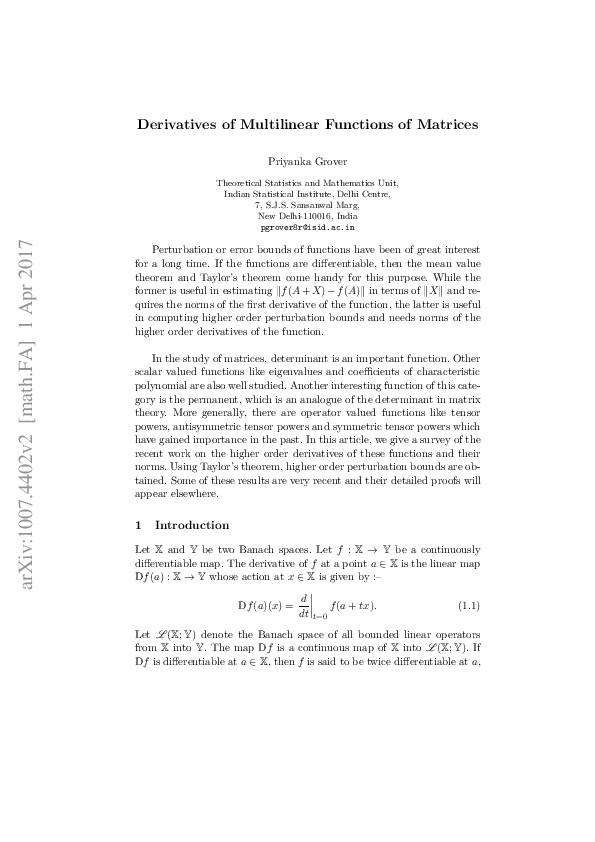 (PDF) Derivatives of Multilinear Functions of Matrices | Priyanka ...