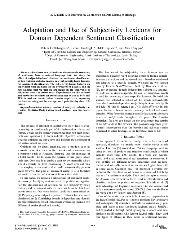 (PDF) Adaptation and Use of Subjectivity Lexicons for Domain Dependent Sentiment Classification