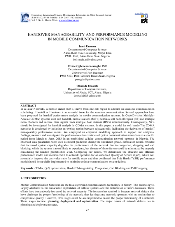 Pdf Handover Manageability And Performance Modeling In Mobile Communication Networks